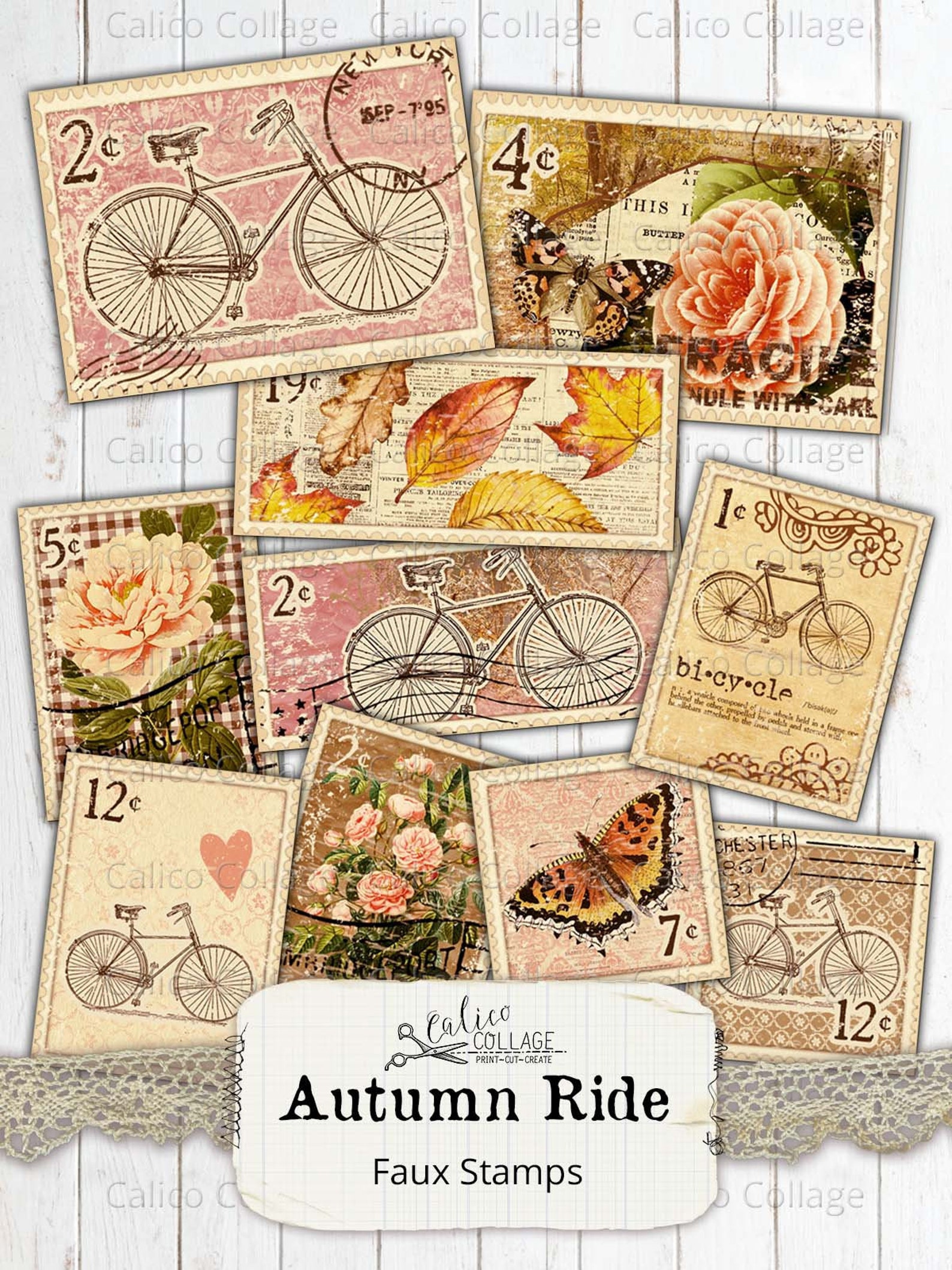 Printable Faux Stamps Autumn Ephemera, Junk Journal Supplies, Vintage ...