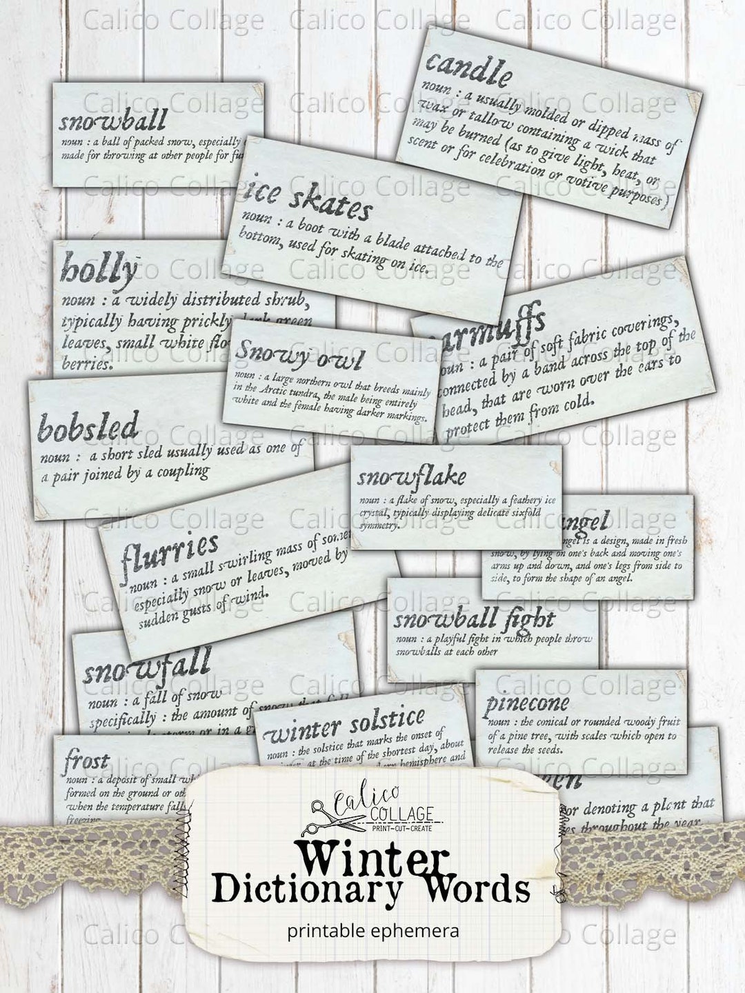 Winter Dictionary Words, Junk Journal Printable Ephemera, Definition ...