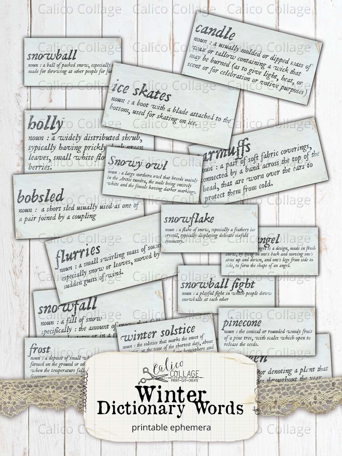 Winter Dictionary Words, Junk Journal Printable Ephemera, Definition ...