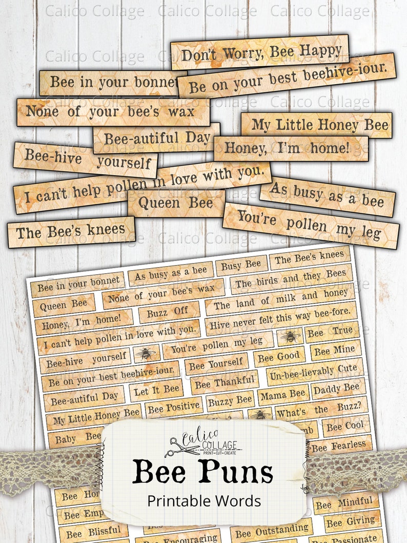 Bee Puns Printable Words, Junk Journal Bee Ephemera, Collage Sheet ...