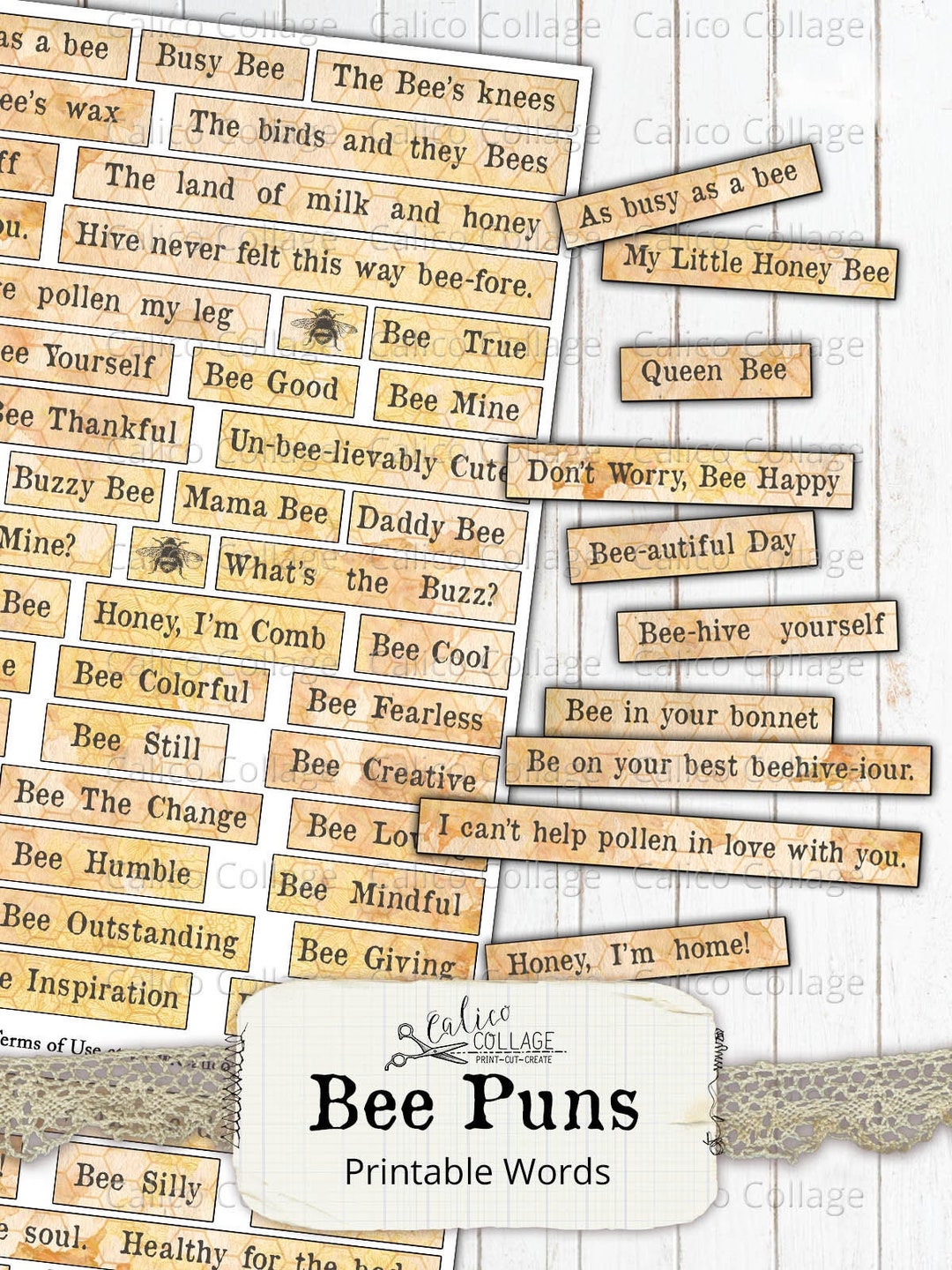 Bee Puns Printable Words, Junk Journal Bee Ephemera, Collage Sheet ...