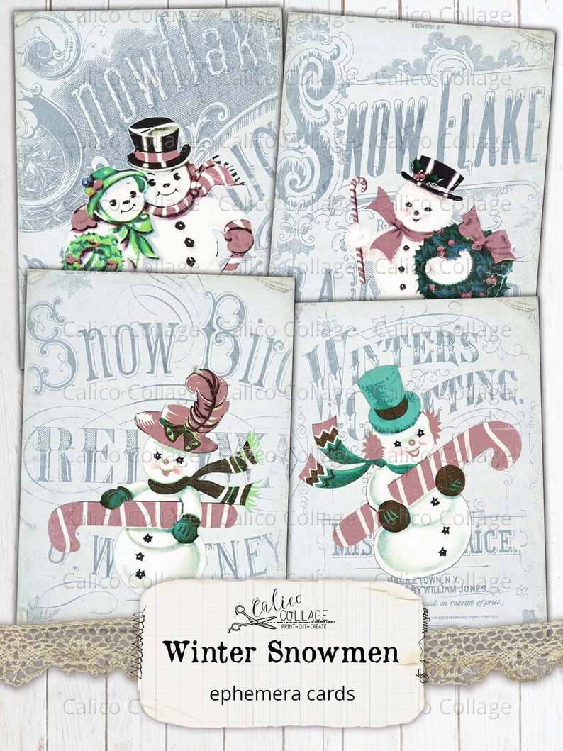 Printable Winter Snowmen Ephemera Cards Junk Journal Ephemera - Etsy