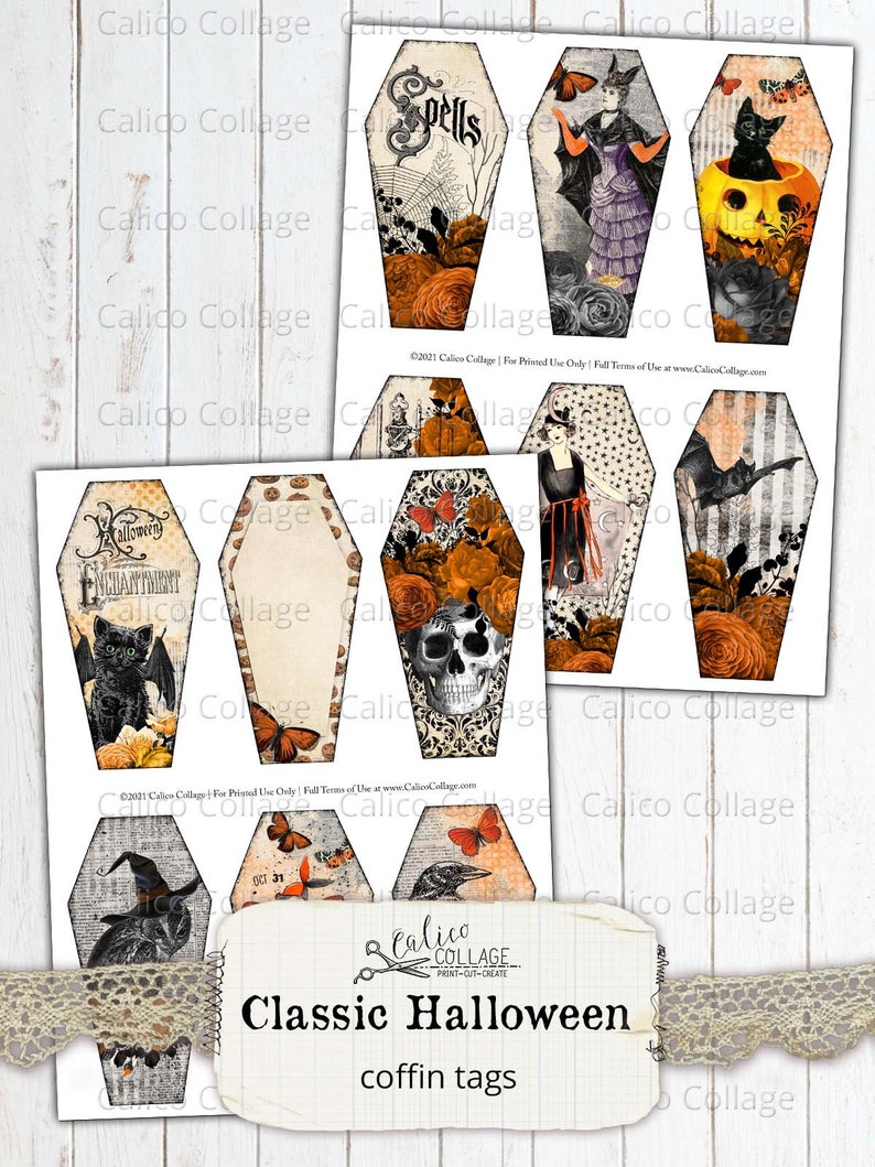 Classic Halloween Coffin Tags Printable Junk Journal Digital - Etsy