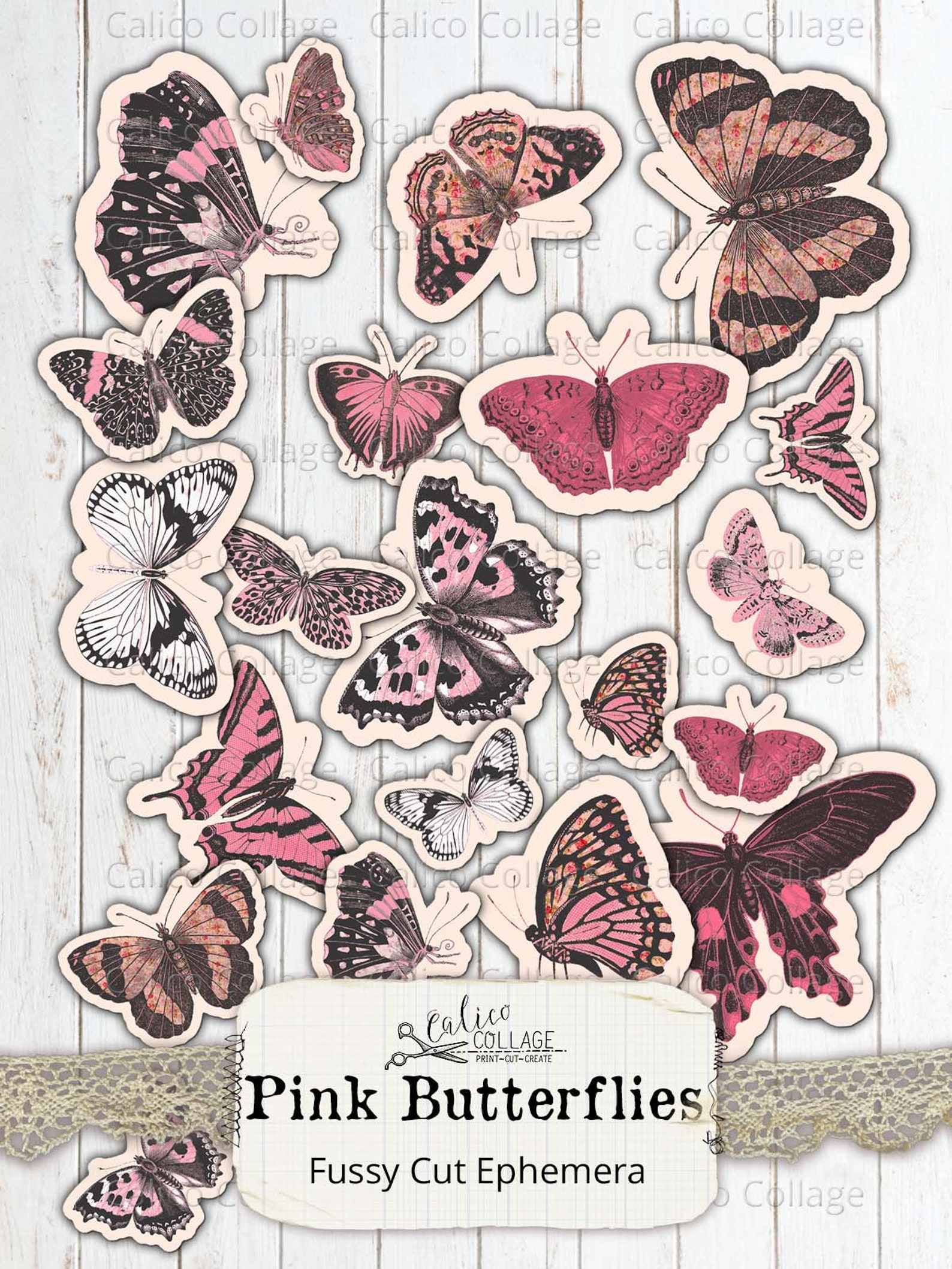 Printable Pink Butterflies Fussy Cut Ephemera Pack, Junk Journal ...