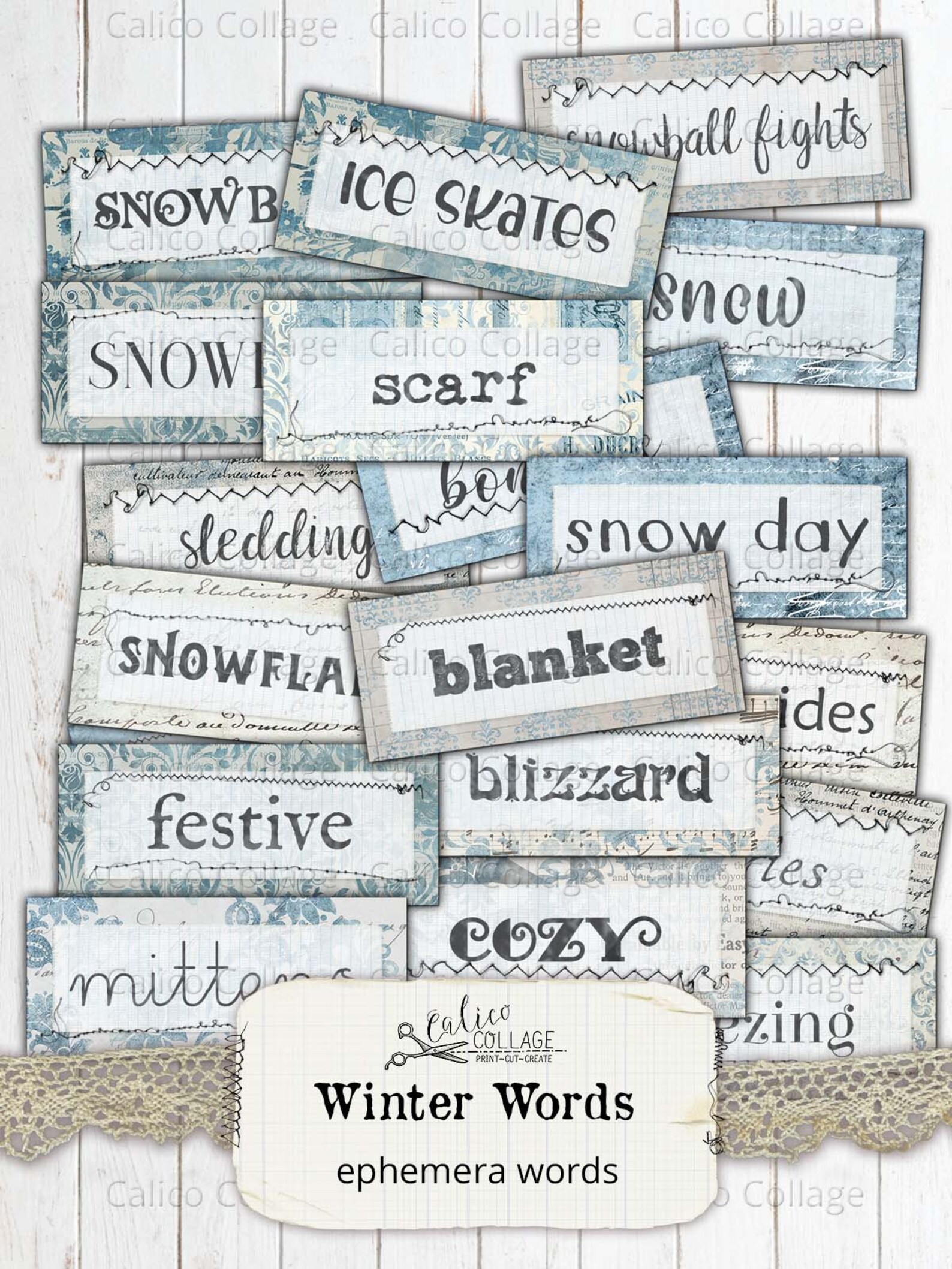 Printable Winter Ephemera Words, Junk Journal Supplies, Scrapbook ...