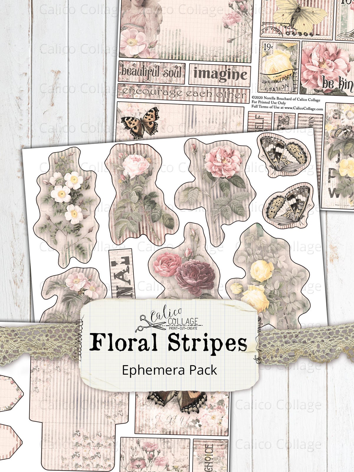 Printable Junk Journal Kit Ephemera Pack Floral Stripes | Etsy