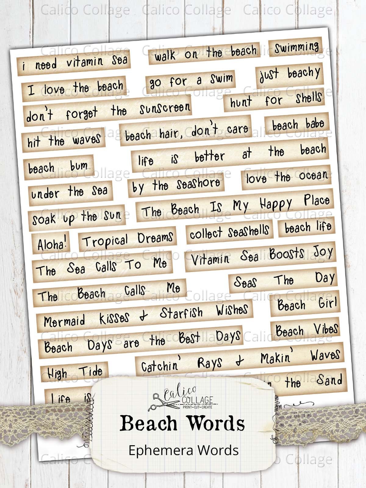 Printable Beach Words Summer Junk Journal Ephemera Words - Etsy