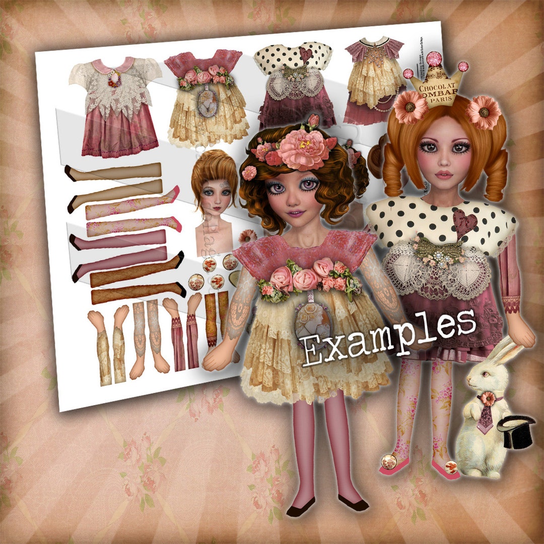 Printable, Paper Dolls, Digital, Collage Sheet, Pink Vintage Dolls ...