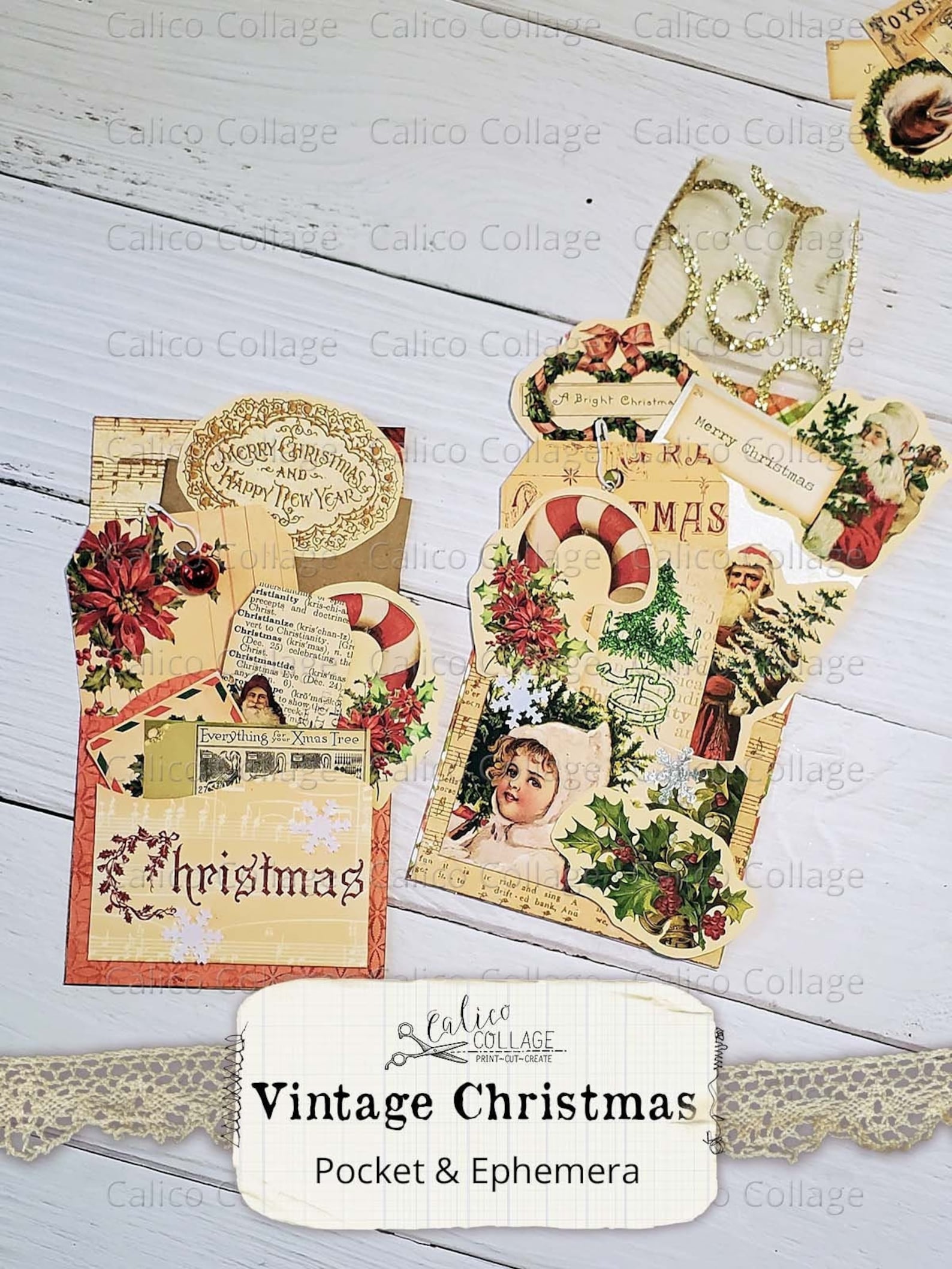 Printable Vintage Christmas Ephemera Pockets, Golden Christmas Junk ...