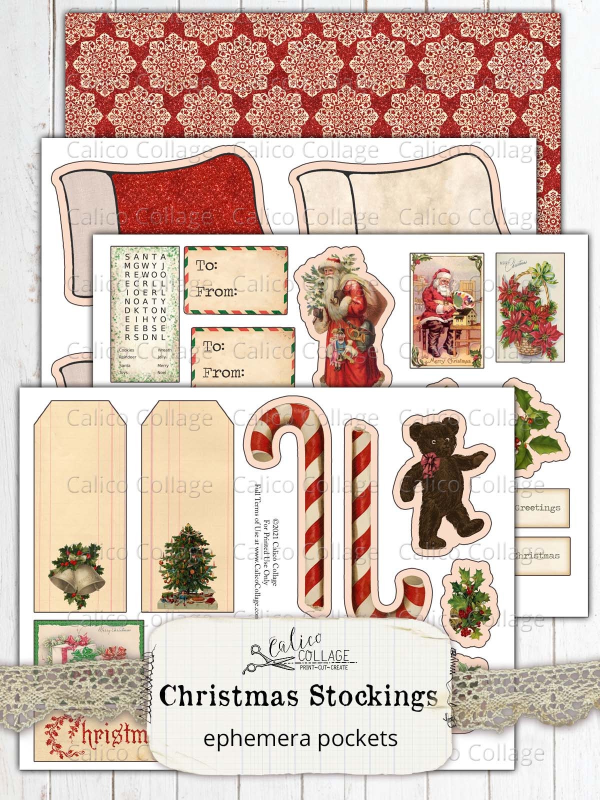 Printable Christmas Stocking Pockets, Junk Journal Supplies, Scrapbook ...