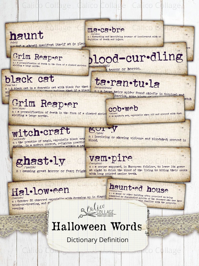 Halloween Dictionary Words, Junk Journal Printable, Halloween Ephemera ...