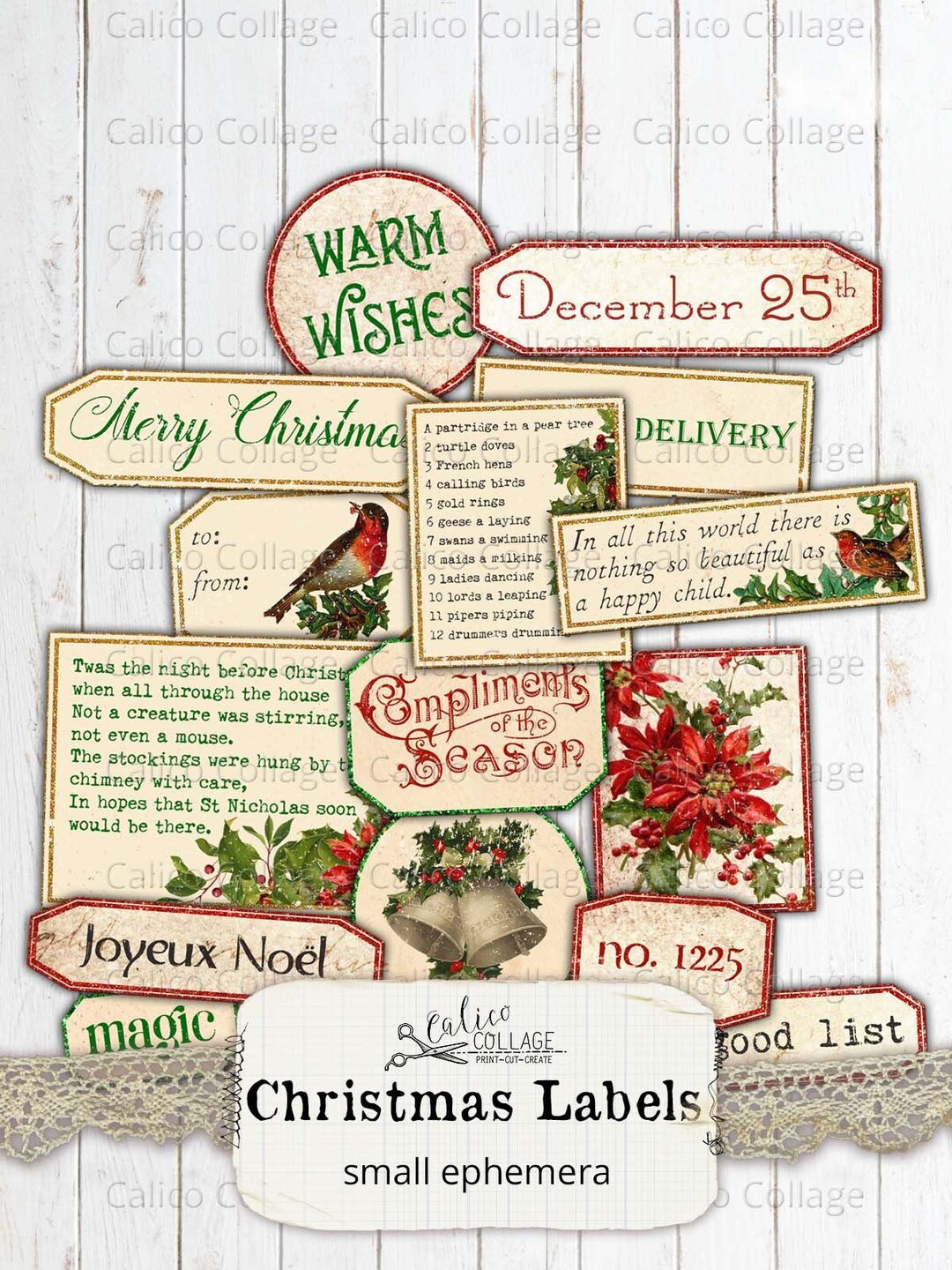 Fussy Cut Christmas Ephemera Labels, Printable Vintage Ephemera, Junk ...