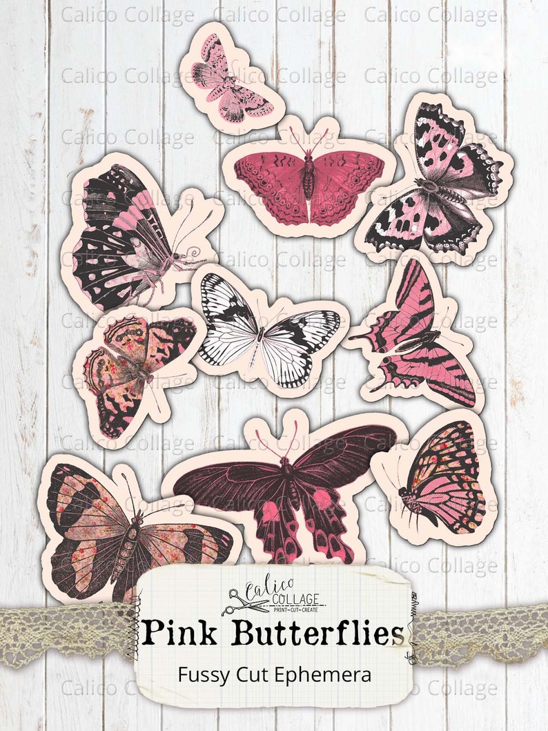 Printable Pink Butterflies Fussy Cut Ephemera Pack, Junk Journal ...