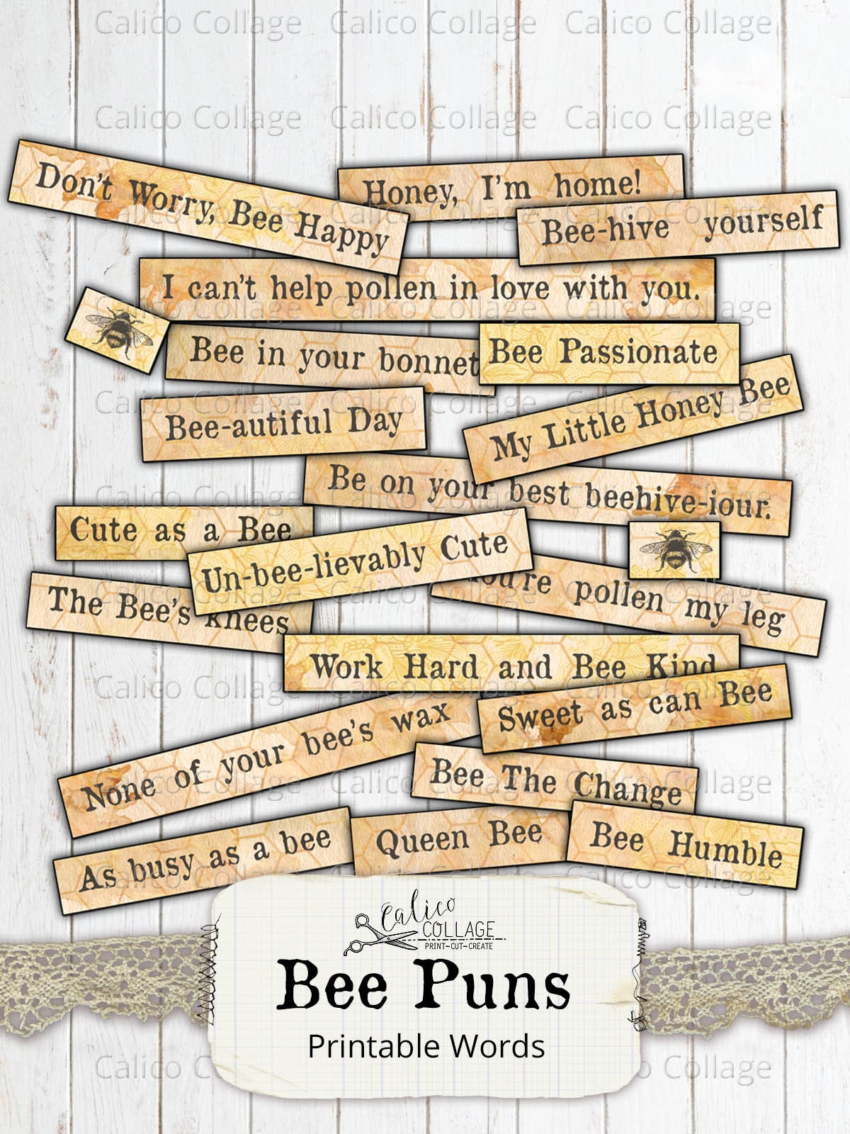 Bee Puns Printable Words, Junk Journal Bee Ephemera, Collage Sheet ...