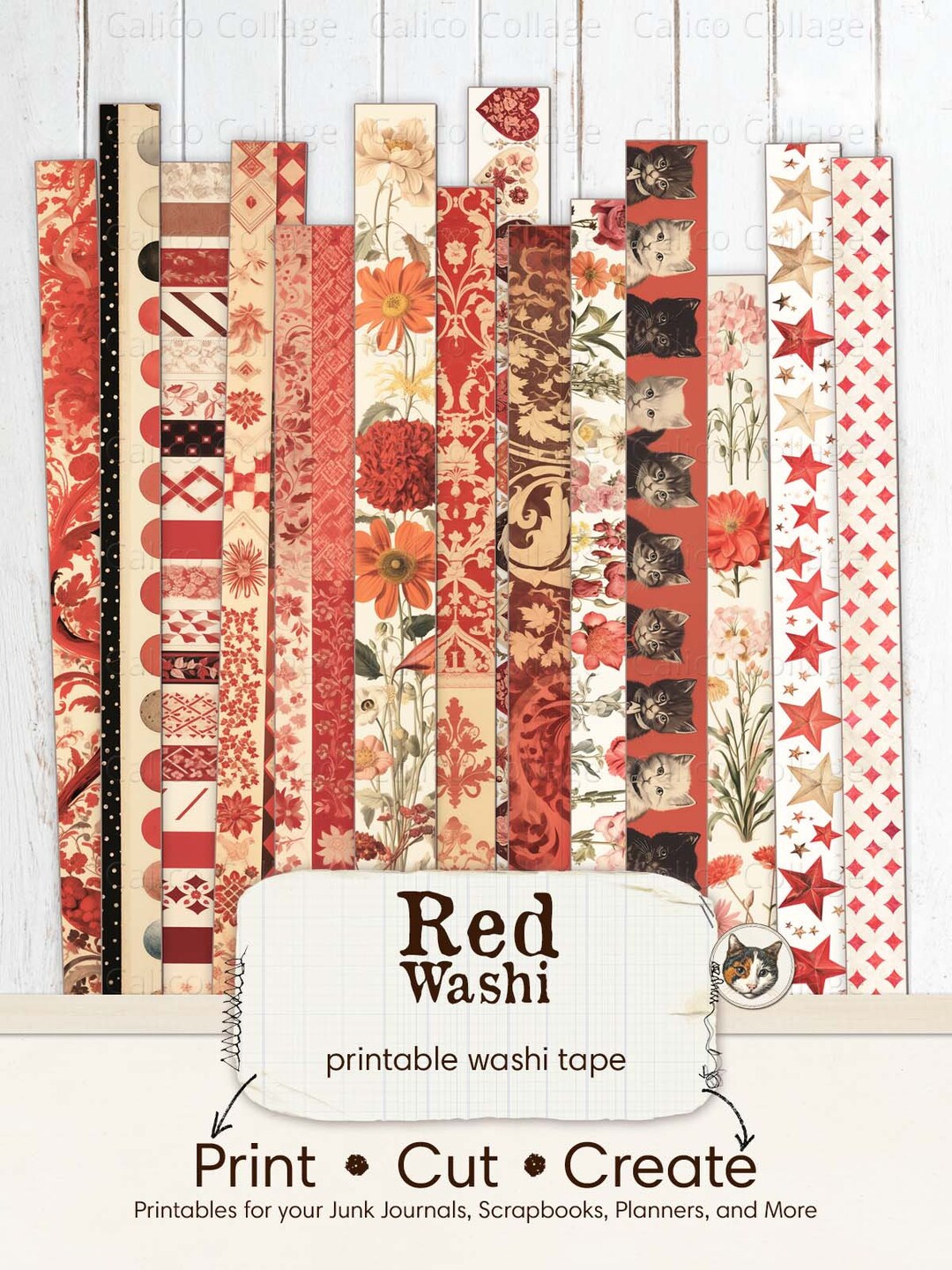 Red Washi Tape, Printable Washi Tape Strips, Junk Journal Printable ...