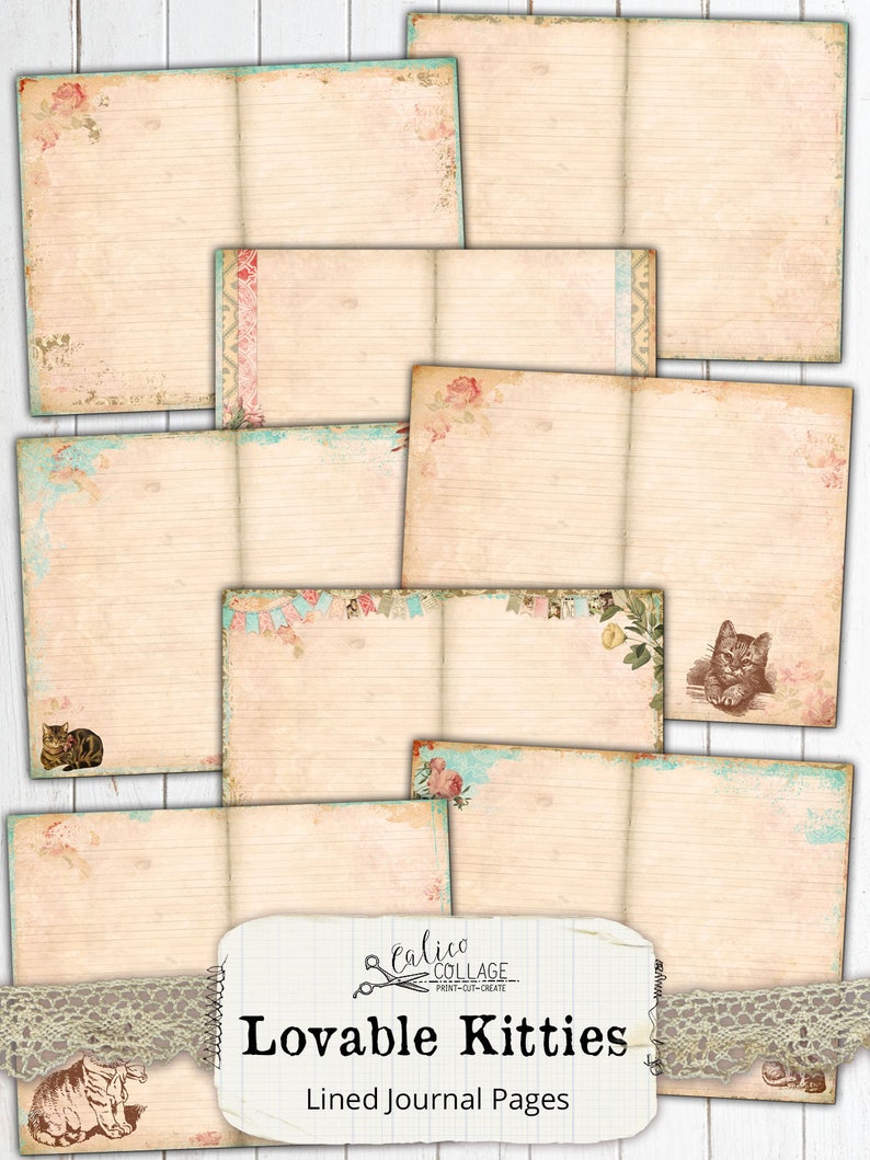 Cat Junk Journal Pages, Lovable Kitties Lined Journal Pages, Cat ...