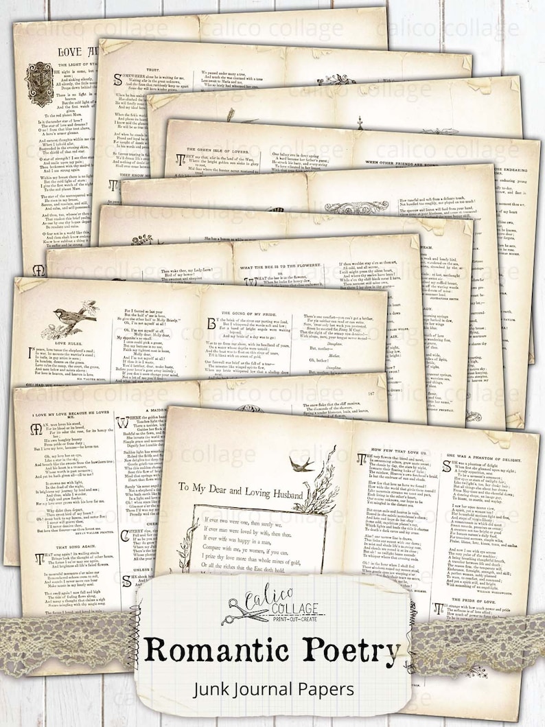 Printable Junk Journal Papers, Romantic Poetry Book Pages, Journal ...