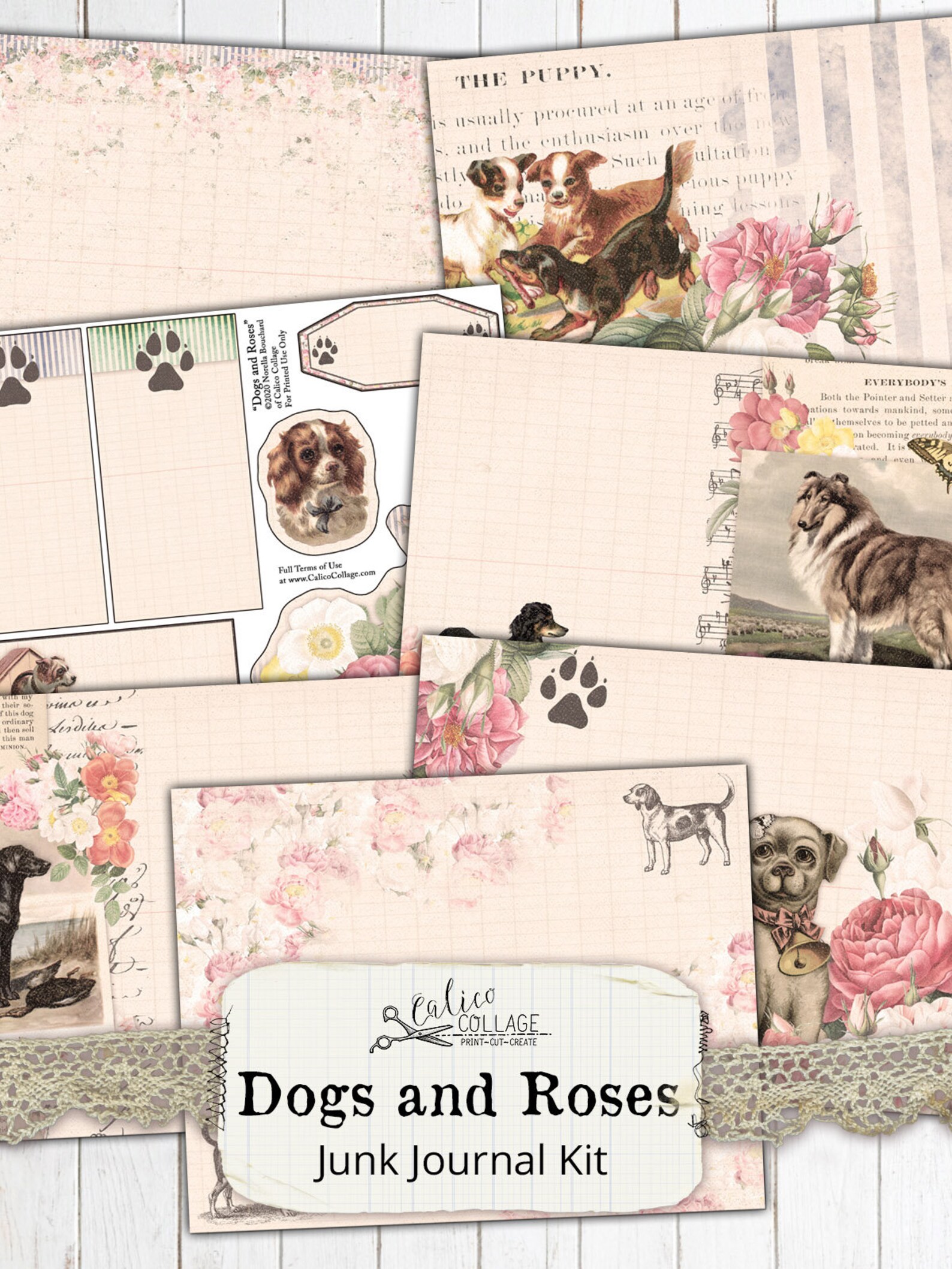 Dog Junk Journal Kit Dogs and Roses Junk Journal Ephemera | Etsy