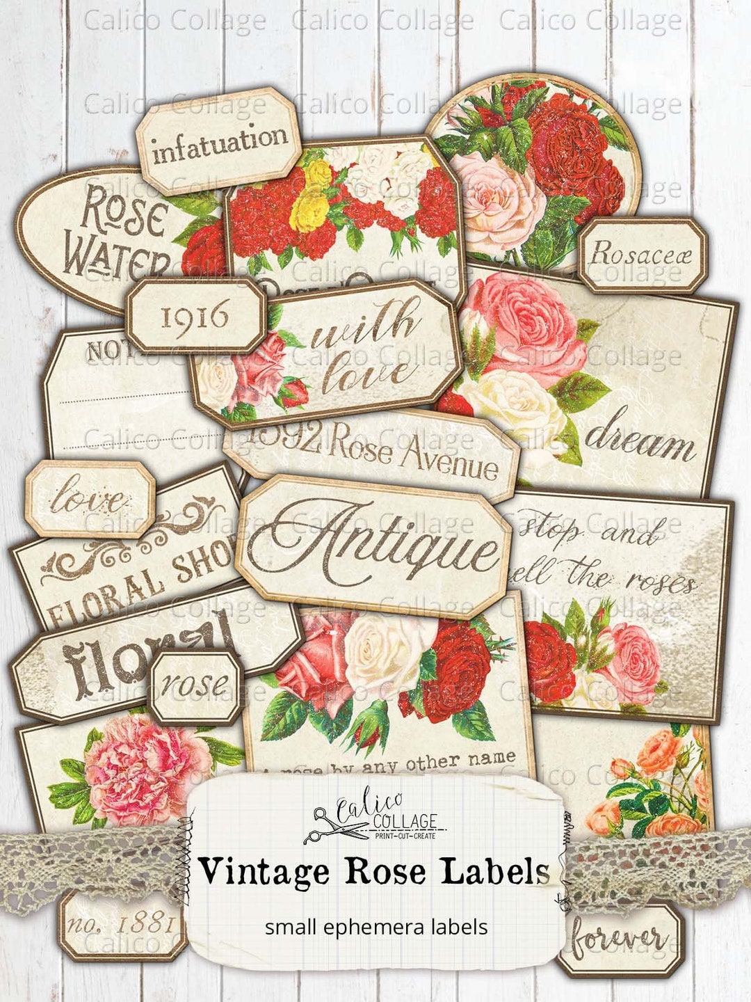 Printable Rose Labels, Junk Journal Supplies Vintage, Shabby Chic Rose ...