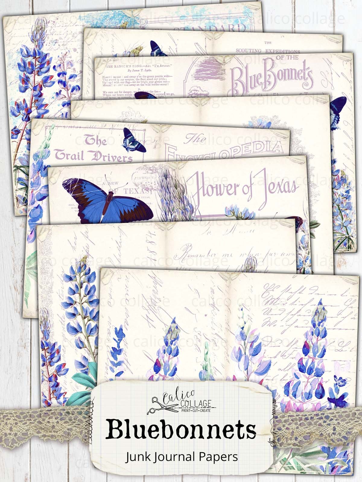 Bluebonnets Floral Printable Junk Journal Pages Digital - Etsy