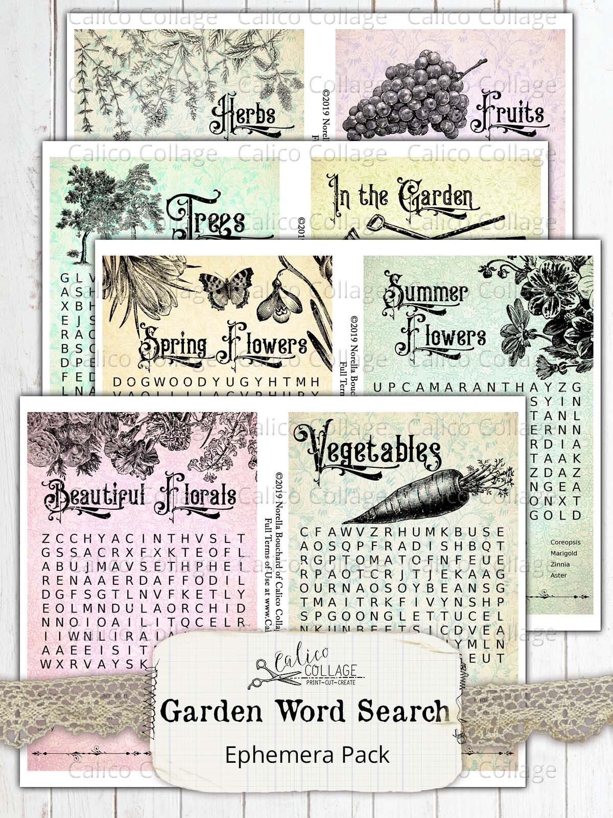 Printable Garden Word Search Junk Journal Ephemera Pack, Bullet Journal ...