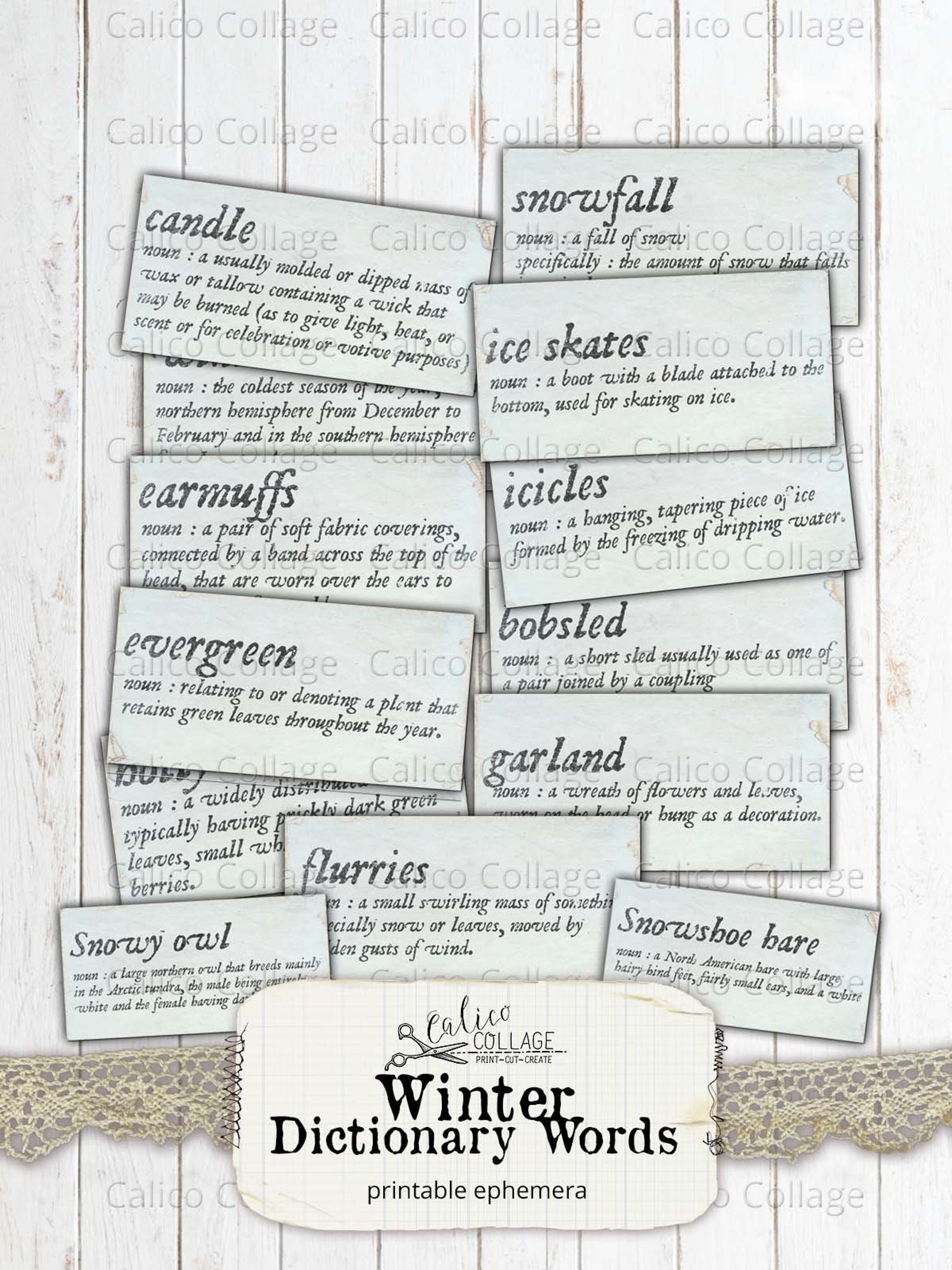 Winter Dictionary Words, Junk Journal Printable Ephemera, Definition ...