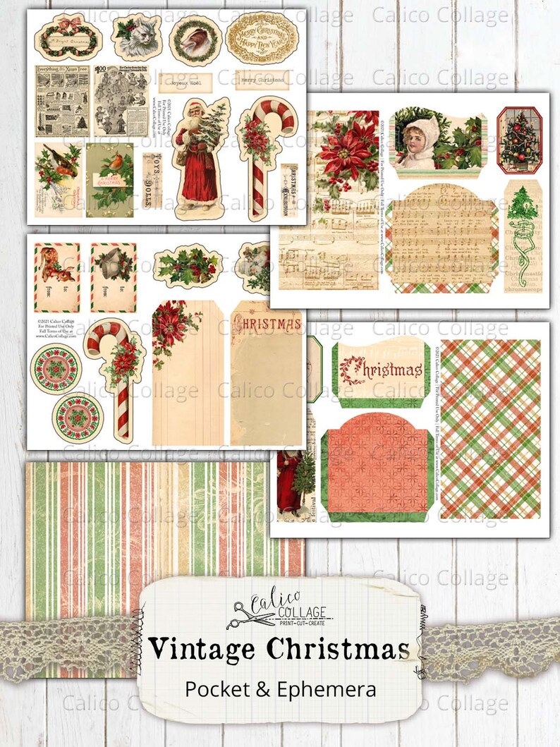 Printable Vintage Christmas Ephemera Pockets, Golden Christmas Junk ...