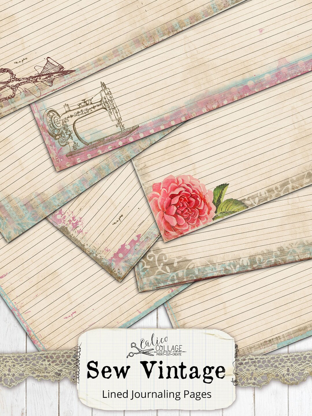 Sewing Junk Journal Lined Journaling Pages, Sew Vintage Junk Journal ...