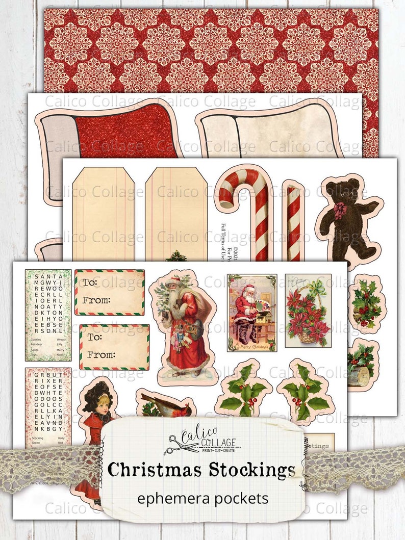 Printable Christmas Stocking Pockets, Junk Journal Supplies, Scrapbook ...