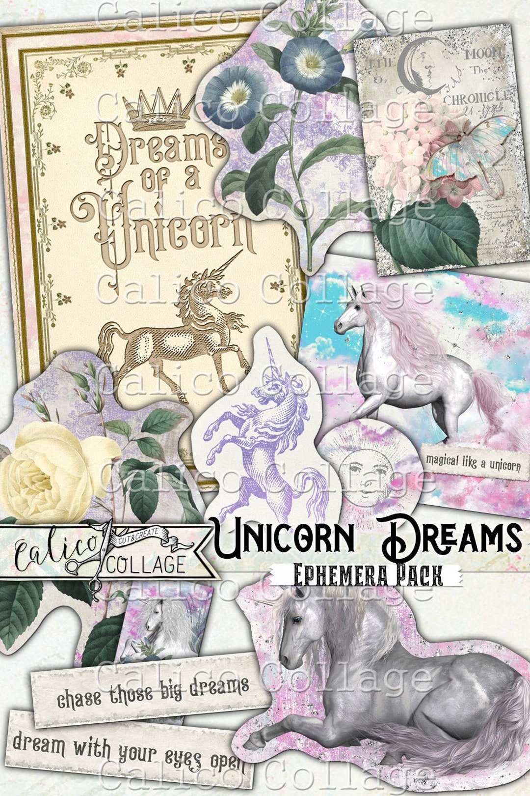Printable Junk Journal Ephemera Pack, Unicorn Dreams, Unicorn Ephemera ...