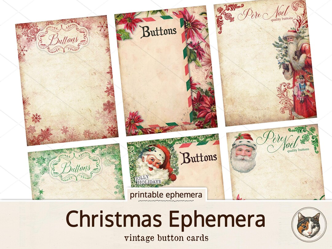 Christmas Button Cards, Printable Holiday Ephemera, Junk Journal ...