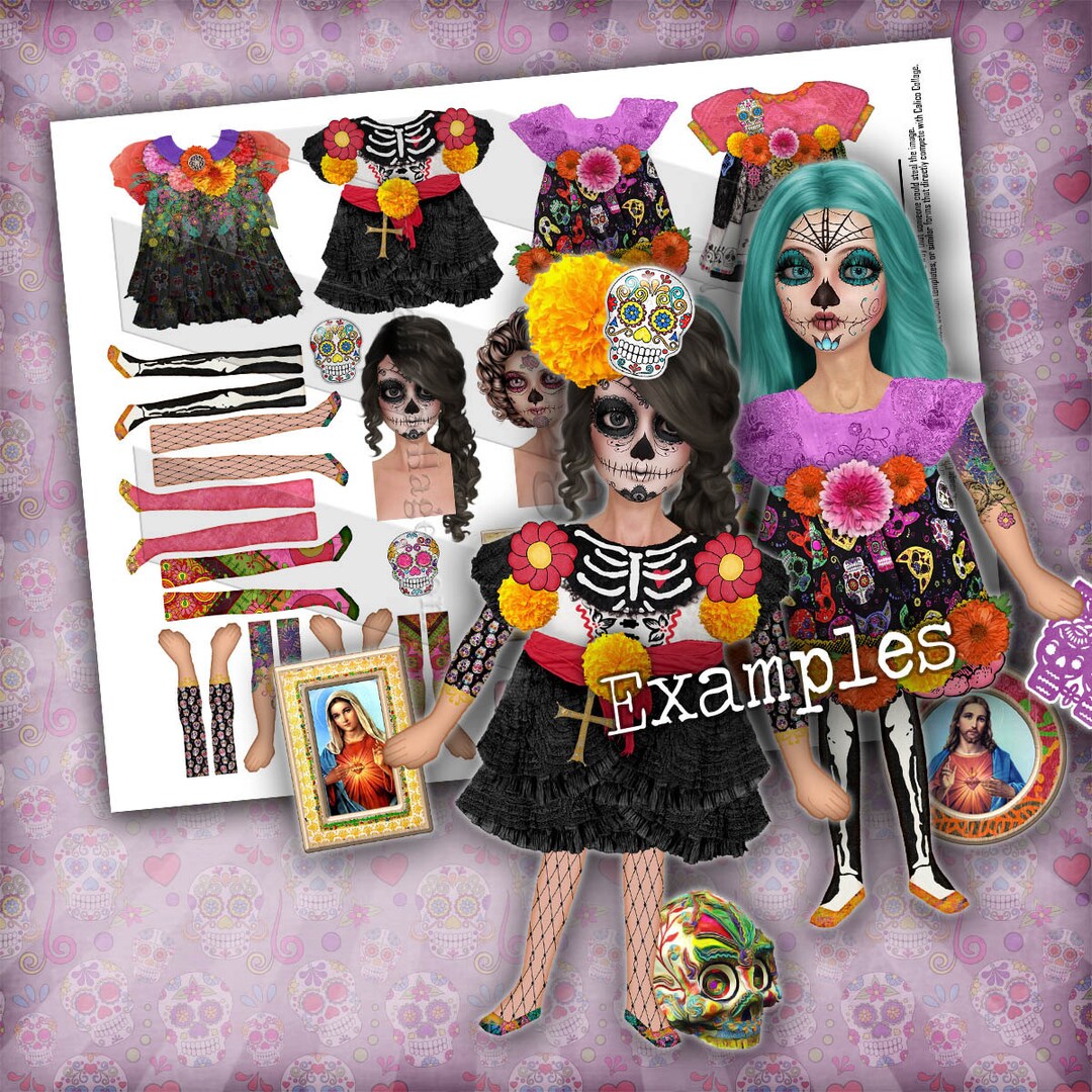 Sugar Skull Dolls, Printable Art Dolls, Paper Doll, Digital Collage ...