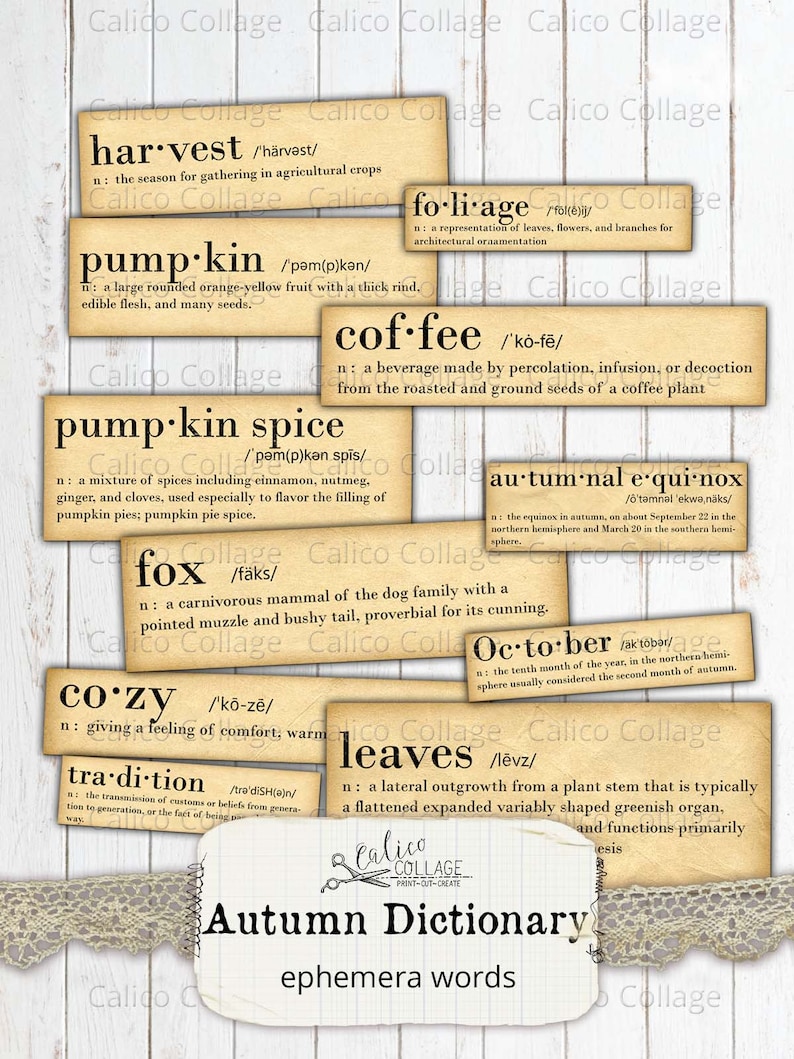 Autumn Dictionary Ephemera Words, Fall Definition Printables, Junk ...