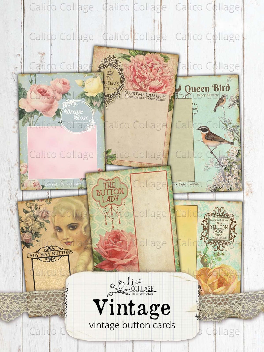 Printable Vintage Button Cards, Sewing Ephemera, Junk Journal Ephemera ...