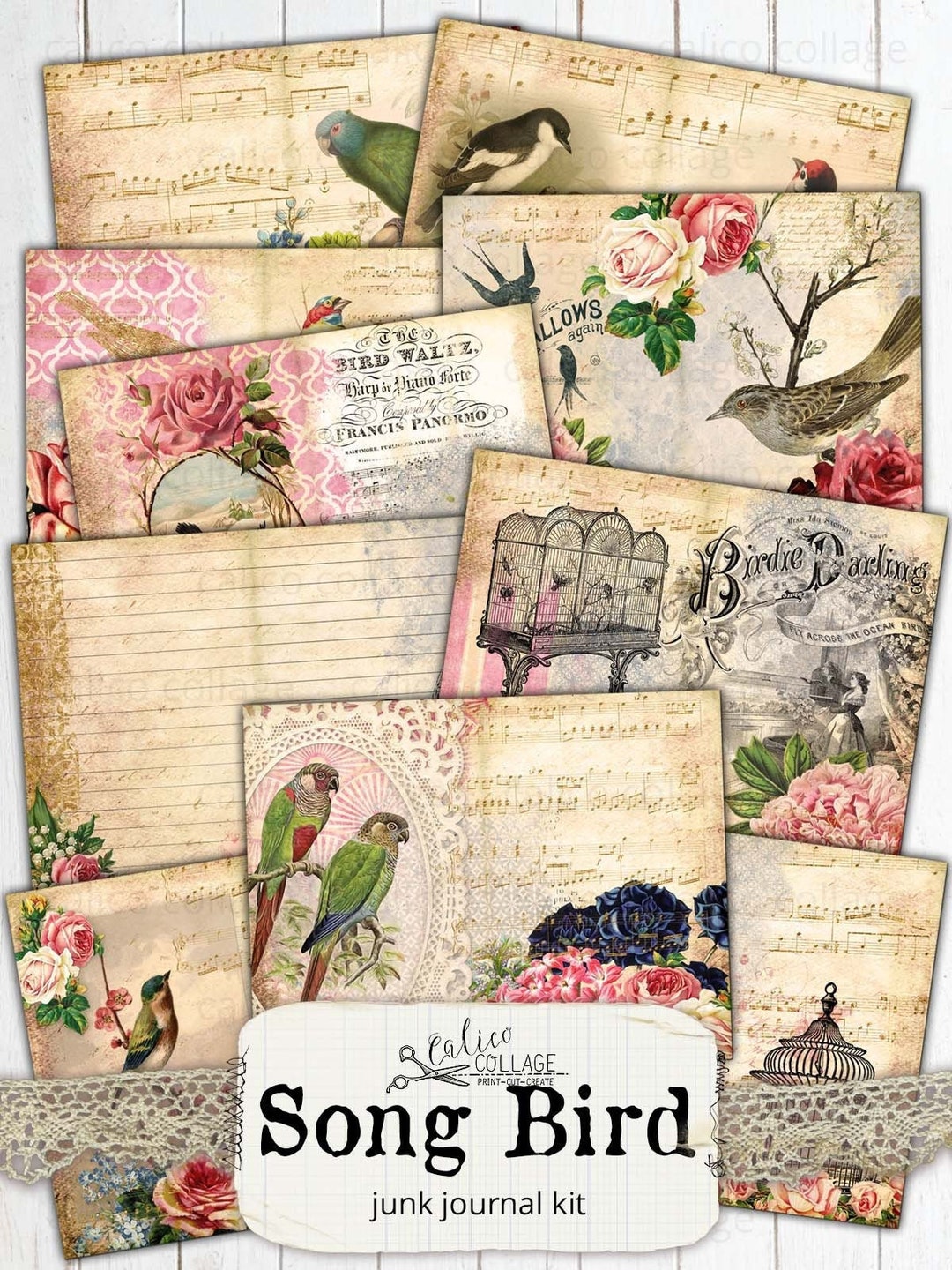 Bird Junk Journal Kit, Printable Ephemera Pack, Song Bird Ephemera ...