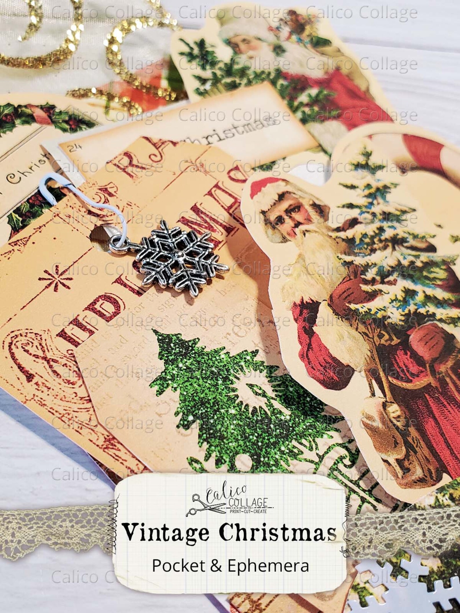 Printable Vintage Christmas Ephemera Pockets, Golden Christmas Junk ...