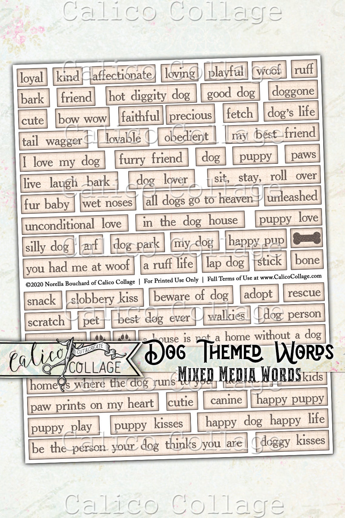 Printable Dog Words, Mixed Media Words, Dogs and Roses, Junk Journal ...
