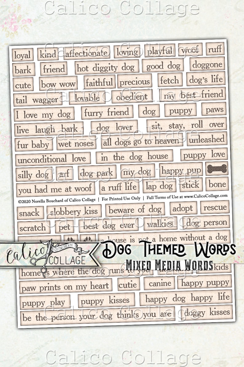 Printable Dog Words, Mixed Media Words, Dogs and Roses, Junk Journal ...