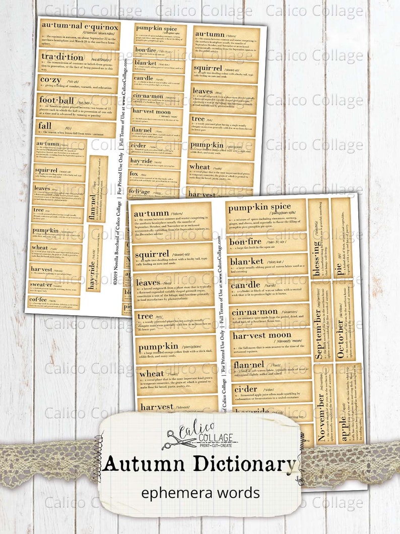 Autumn Dictionary Ephemera Words Fall Definition Printables - Etsy