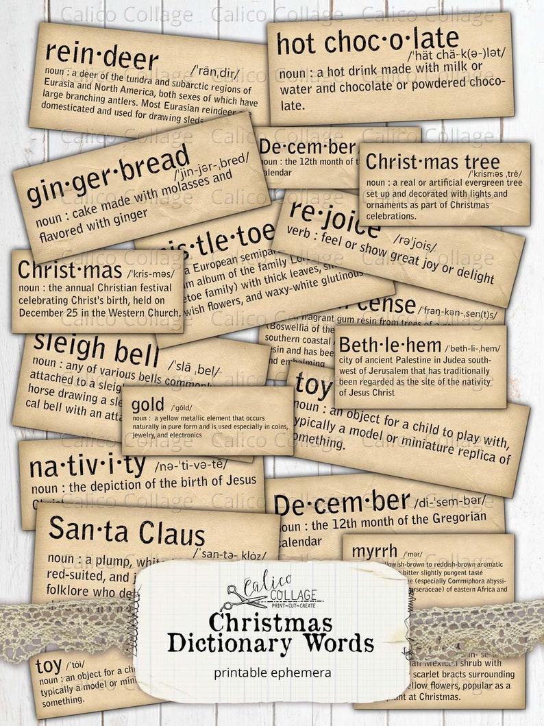 Christmas Dictionary Words, Junk Journal Printable Ephemera, Definition ...