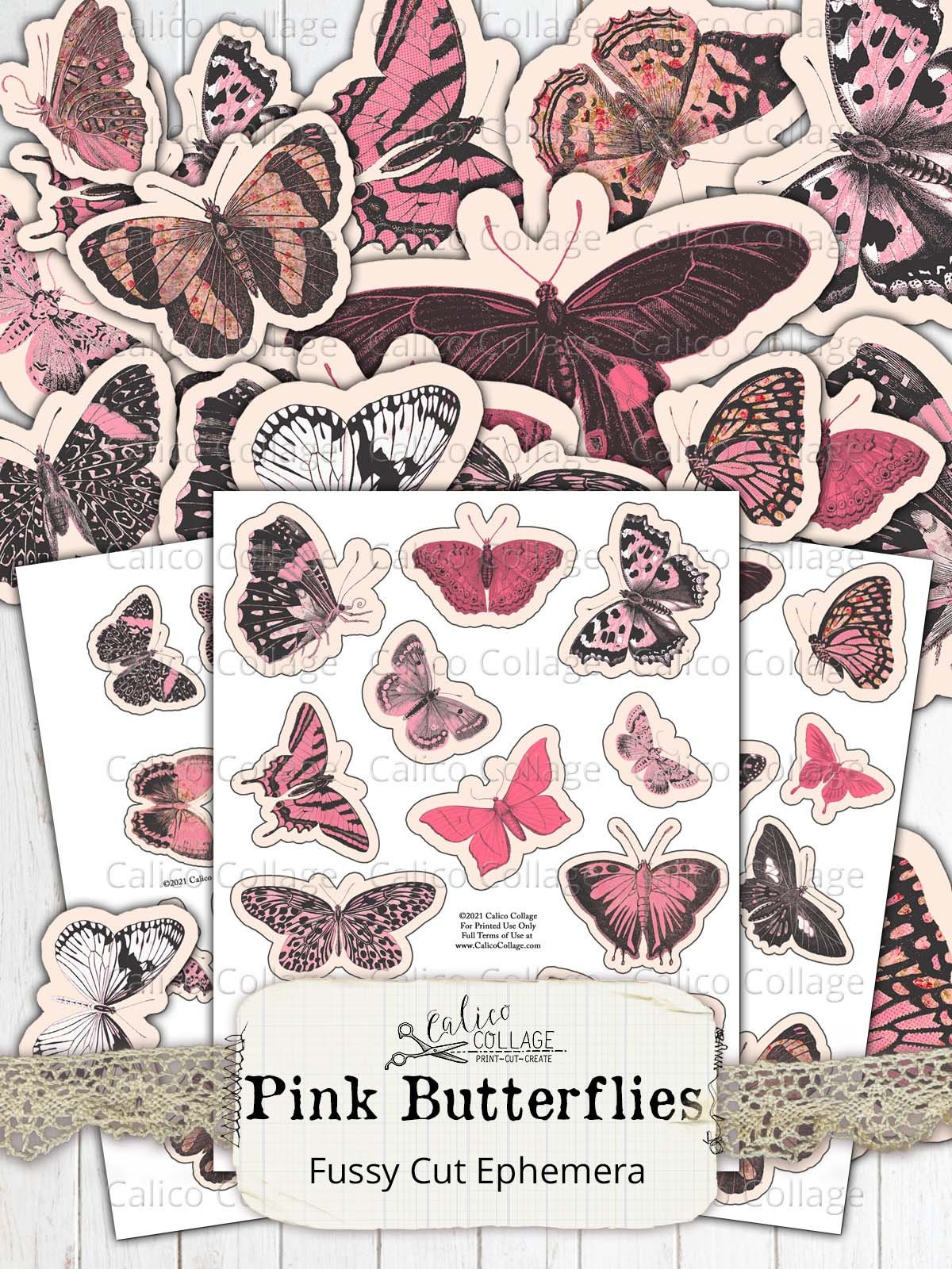 Printable Pink Butterflies Fussy Cut Ephemera Pack, Junk Journal ...