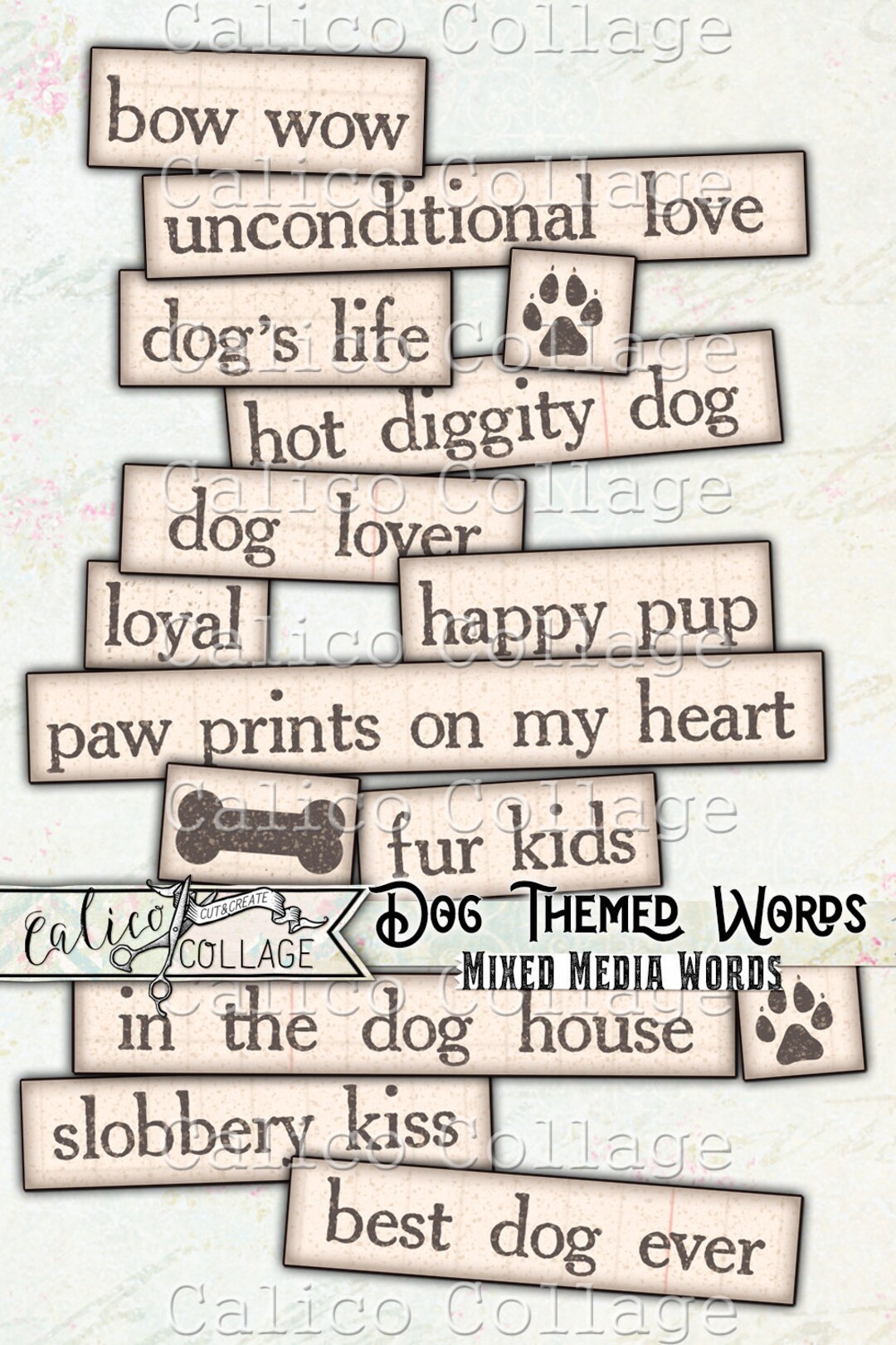 Printable Dog Words, Mixed Media Words, Dogs and Roses, Junk Journal ...