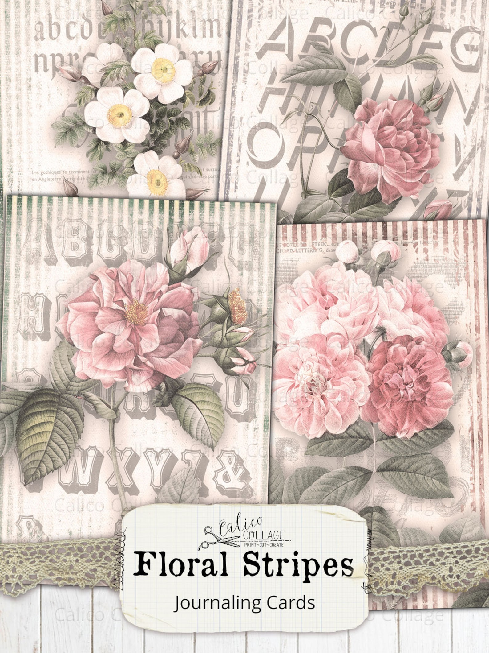 Printable Junk Journal Ephemera Pack Floral Stripes Vintage - Etsy