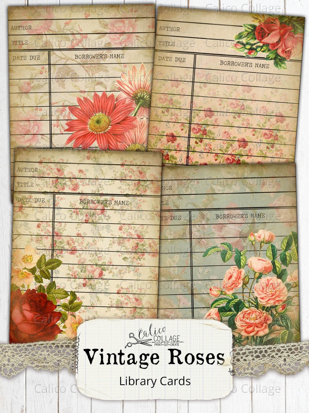 Junk Journal Ephemera Library Cards, Vintage Rose, Journaling Supplies ...