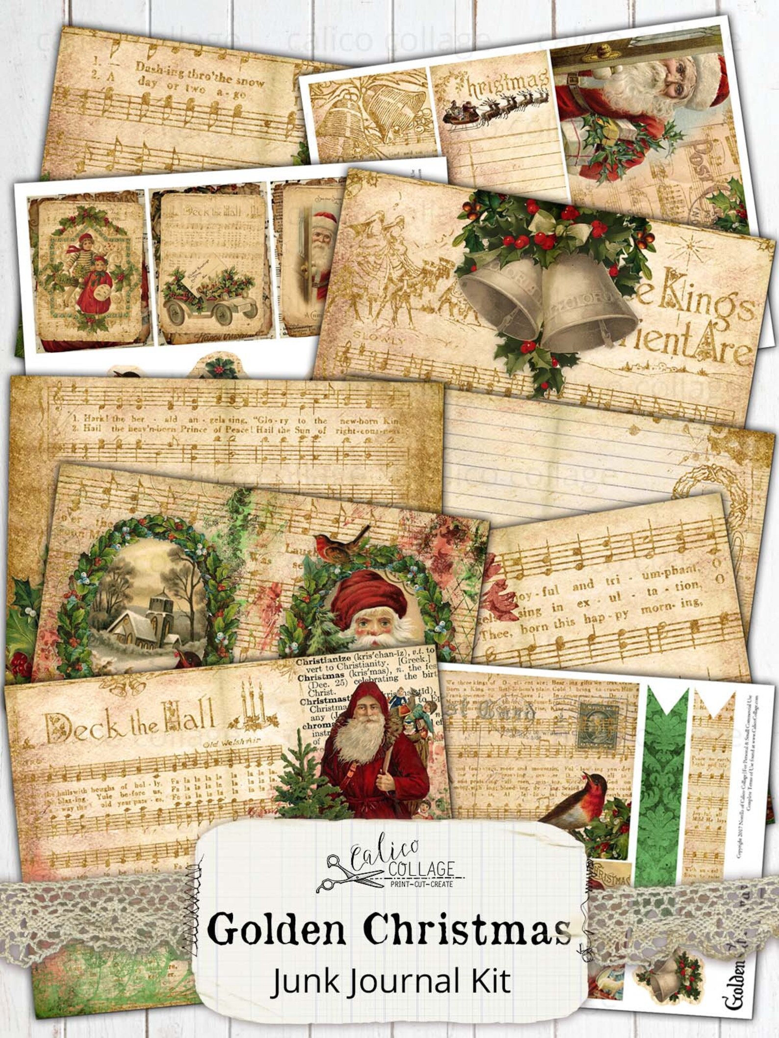 Printable Christmas Junk Journal Kit, Vintage Golden Christmas, Journal ...