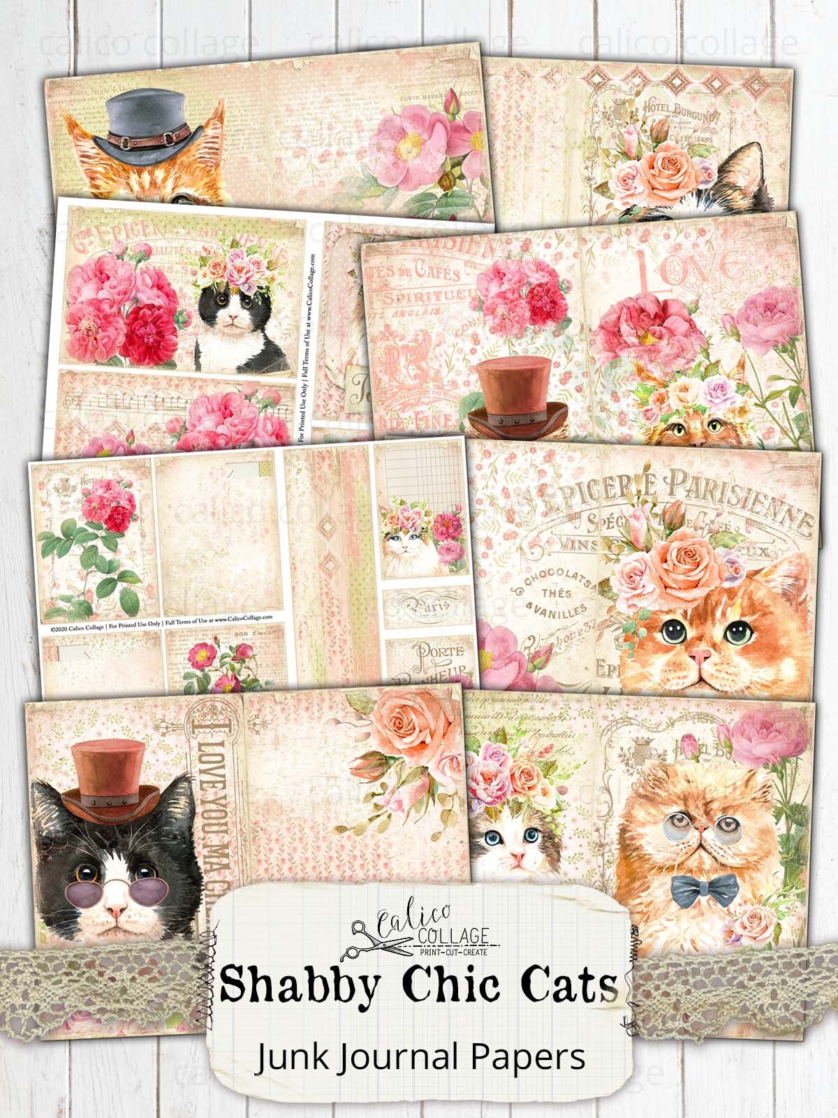 Shabby Chic Cats Rose Junk Journal Papers Journal Supplies | Etsy