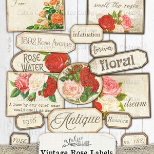 Printable Rose Labels, Junk Journal Supplies Vintage, Shabby Chic Rose ...