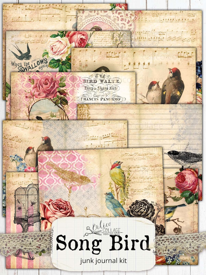 Bird Junk Journal Kit, Printable Ephemera Pack, Song Bird Ephemera ...
