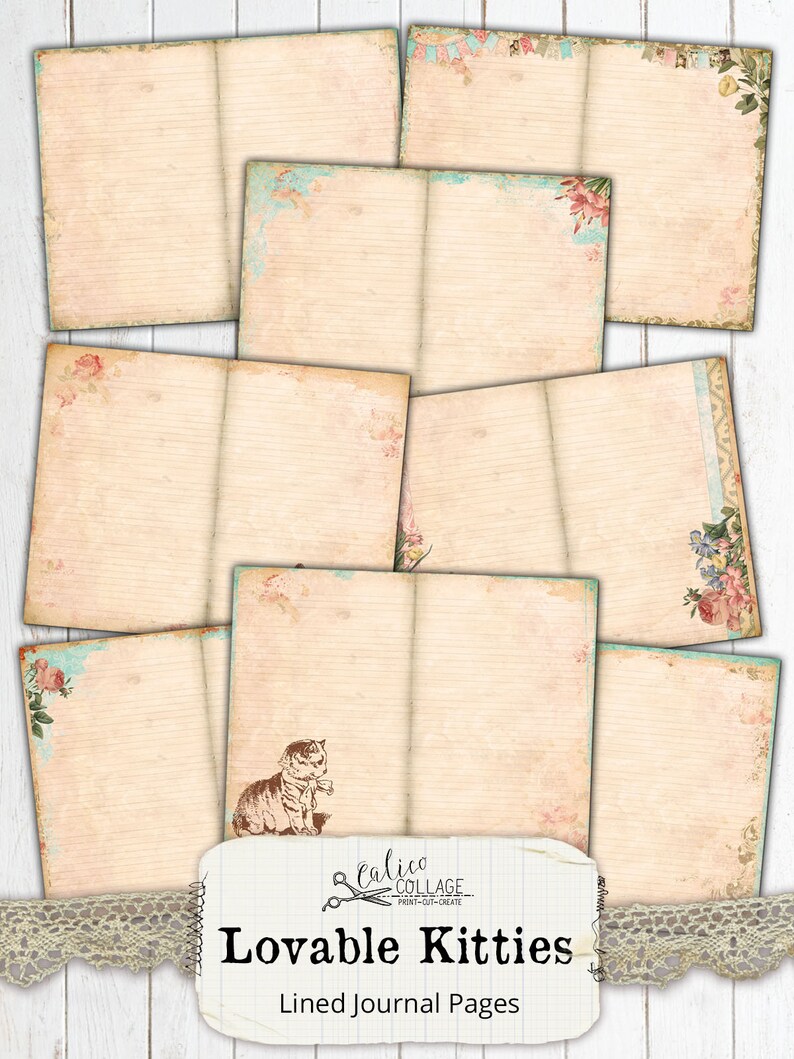 Cat Junk Journal Pages, Lovable Kitties Lined Journal Pages, Cat ...