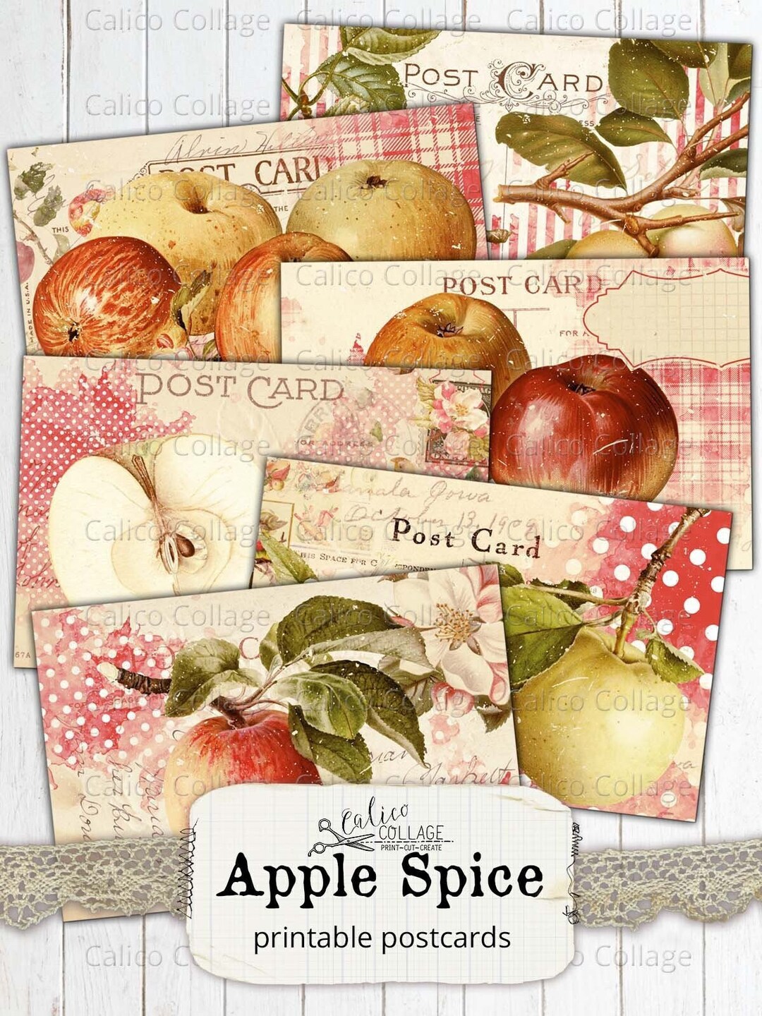 Printable Autumn Apple Postcards, Vintage Junk Journal Ephemera Pack ...